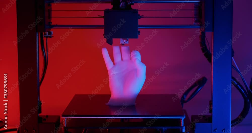 3D printer prints model hands fingers ok sign made white plastic ...