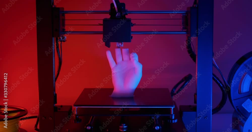 Speed 3D printer prints model hands fingers ok sign made white plastic ...