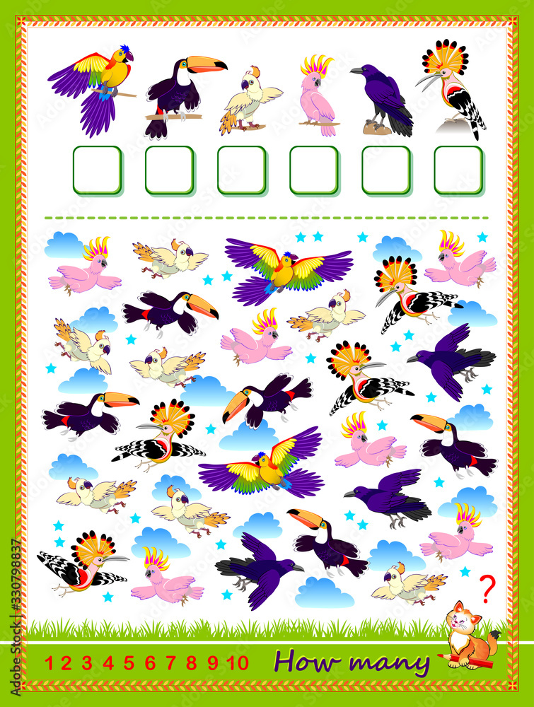Math education for children. Count quantity of birds and write the numbers. Developing counting ...