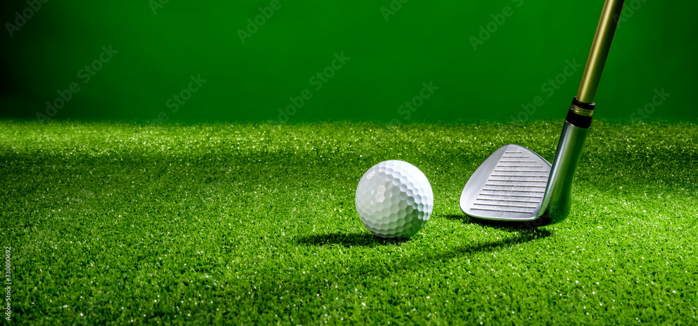 Image with golf club and golf ball on the turf. Horizontal banner ...