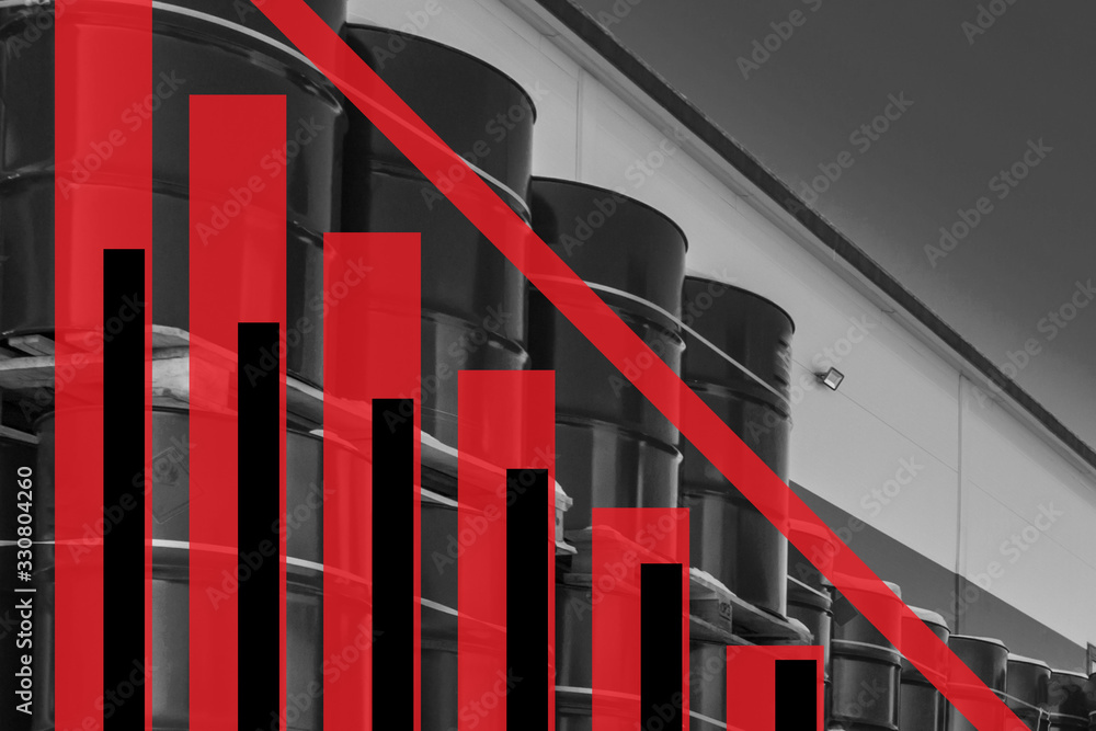 Barrels of oil are standing against the wall. Graph shows a steady ...
