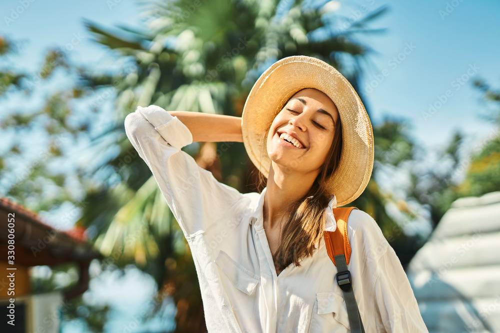 Happy smiling woman tourist in straw hat, white shirt on vacation in ...