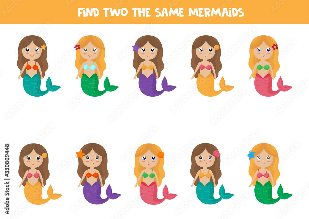 Poster Find two identical mermaids. Educational game for kids. – Wall ...