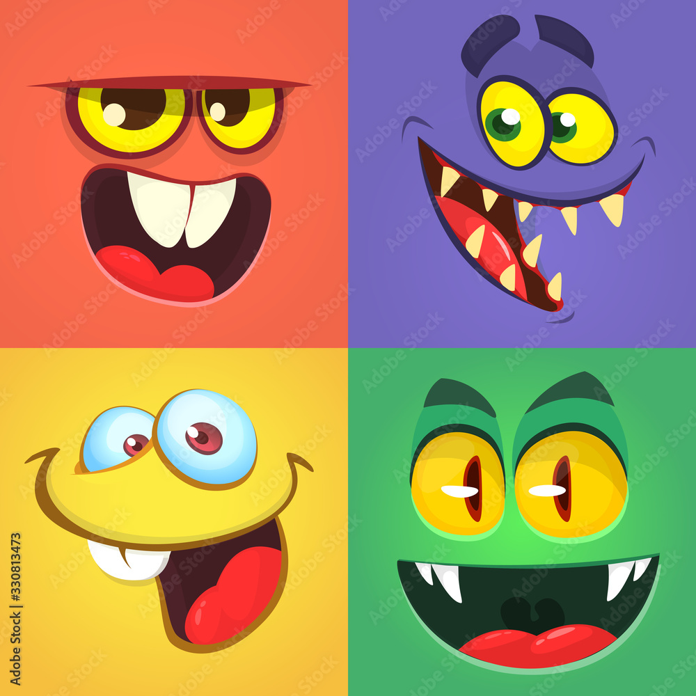 Cartoon monster faces set. Vector collection of four Halloween monster ...