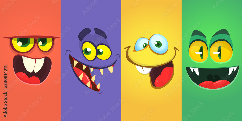 Cartoon monster faces set. Vector collection of four Halloween monster ...