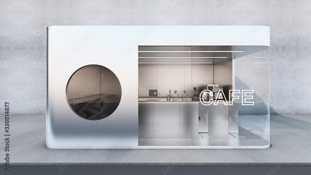Front view Cafe shop Restaurant design. Modern minimal metal.Counter ...