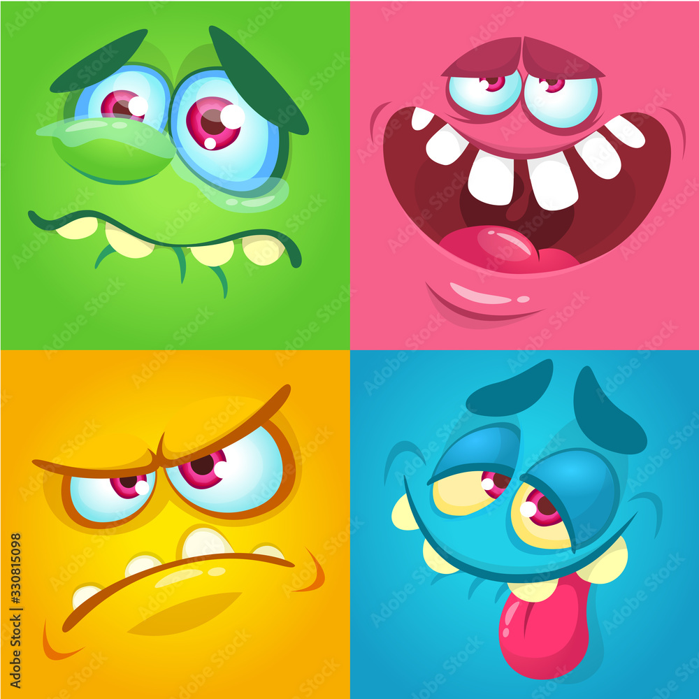 Cartoon monster faces set. Vector collection of four Halloween monster ...