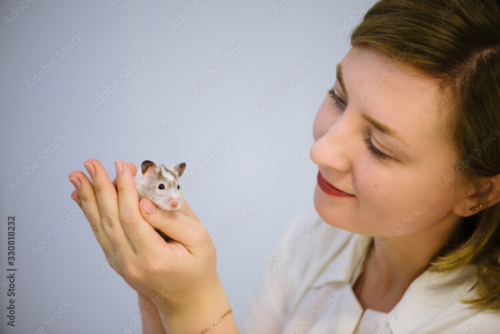 Woman holds white furry little mouse on white background. Cute young ...