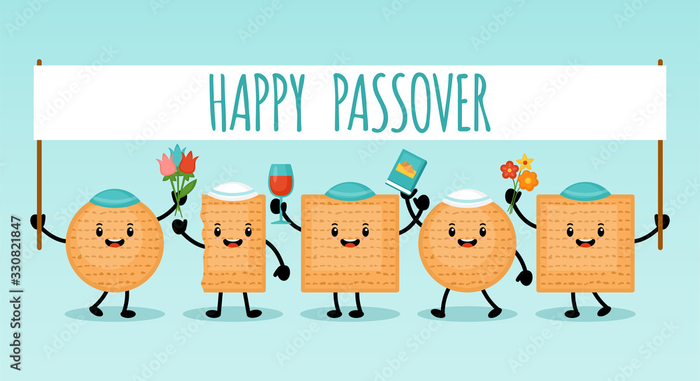 Passover holiday banner design with matzah funny cartoon characters ...
