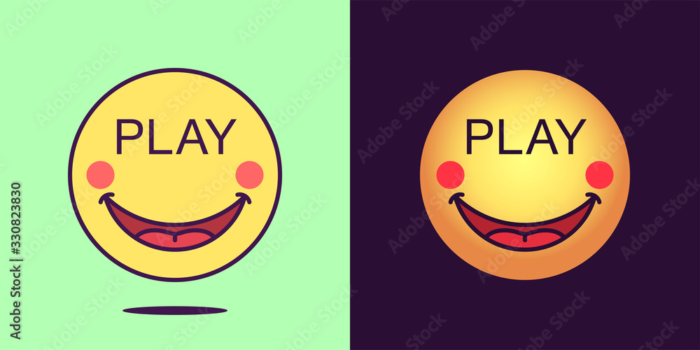 Emoji face icon with phrase Play. Gaming emoticon with text Play. Set ...