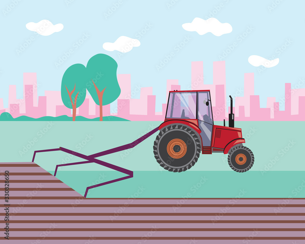 Red tractor plows field and city for agricultural company, flat vector ...