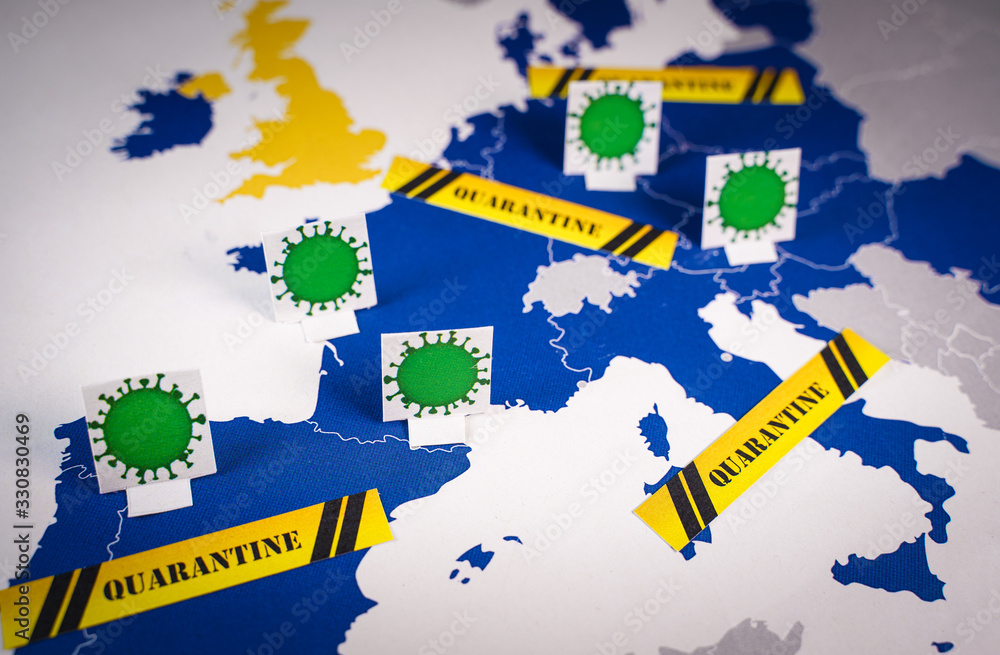 Poster Map of european countries with coronavirus and quarantine signs ...