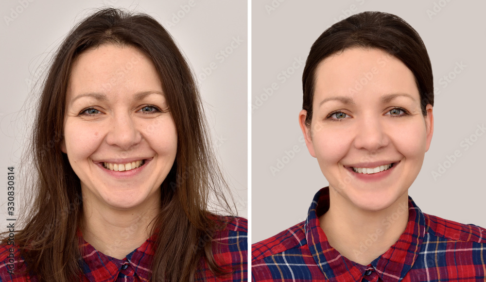 Beautiful woman before and after applying make-up, hairstyling and ...