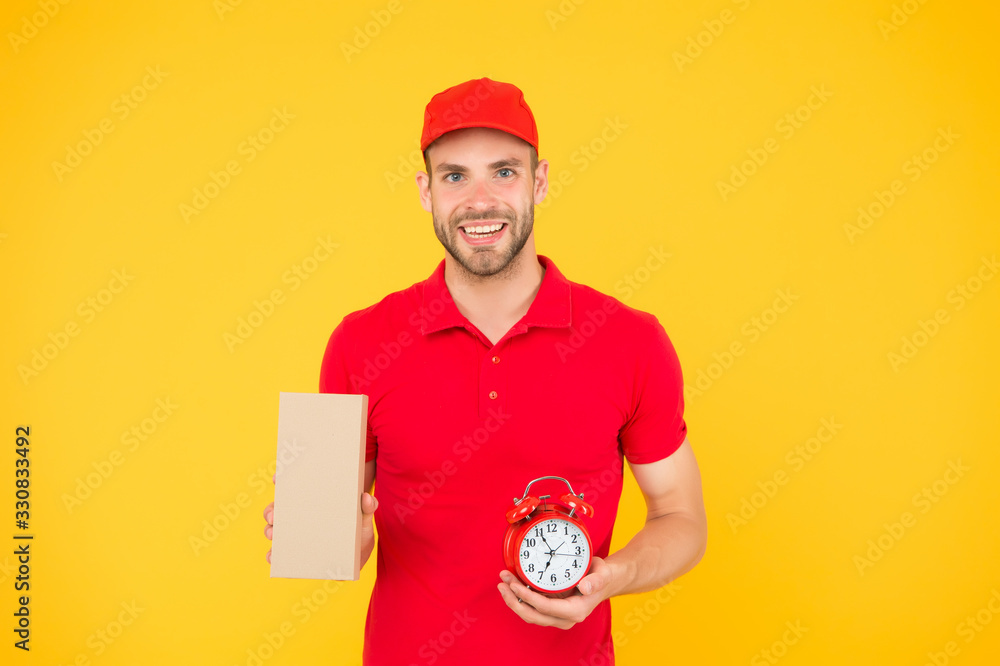 get a delivery with us. on-time delivery. man in uniform hold post box ...