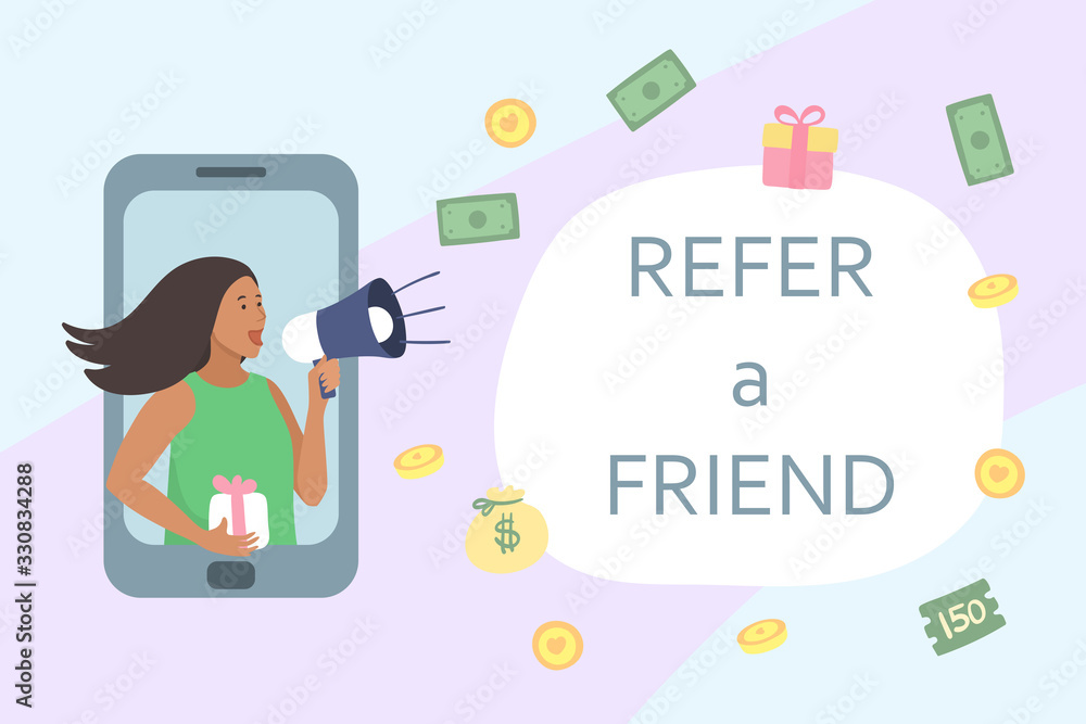 Refer a friend concept. Attract friend. Dark skinned girl shouts on ...