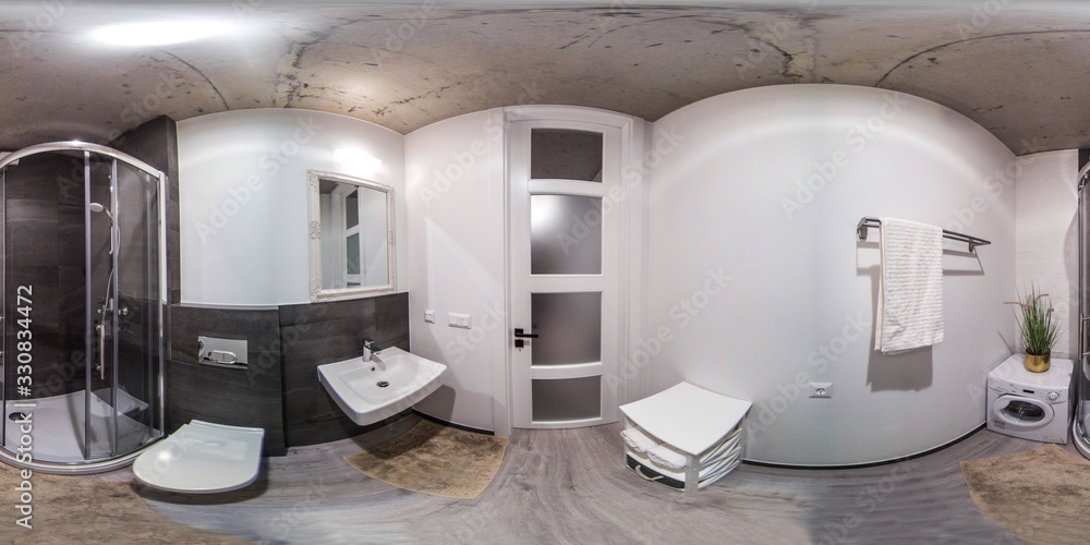 360 panorama view of modern loft apartment interior. Bathroom with ...