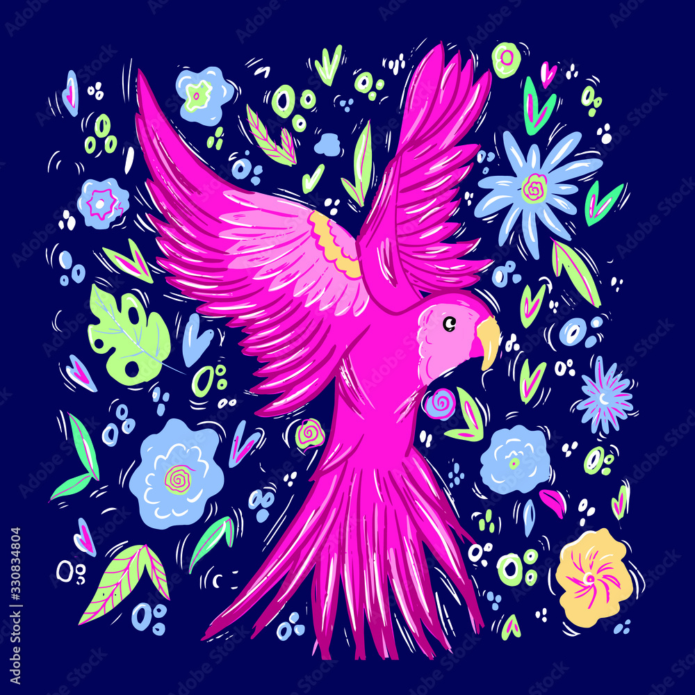 Pink parrot doodle hand drawn flat vector illustration. Cartoon ...