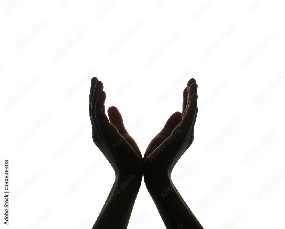the two hands are joined, and the palms of the hands are open, as if ...