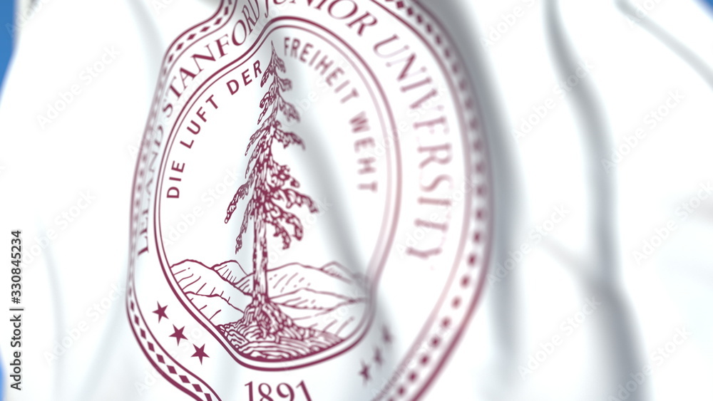 Flying flag with Stanford University emblem, close-up. Editorial 3D ...
