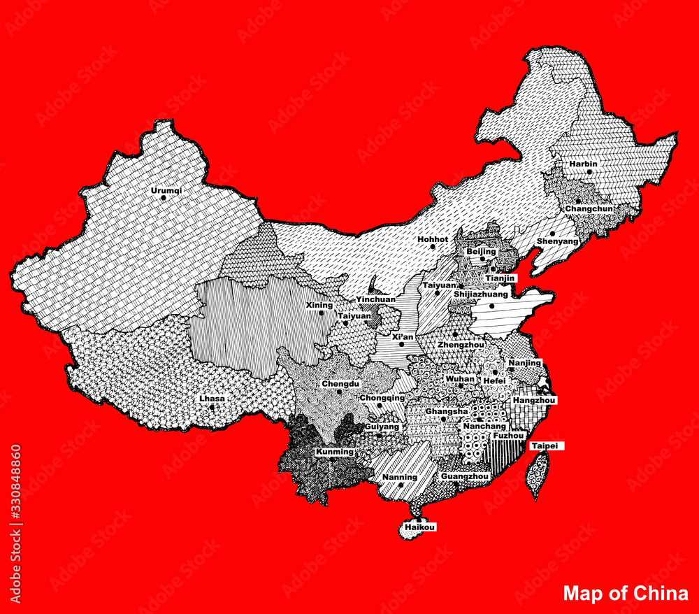 Map of China with regions and cities. White and black graphic ...