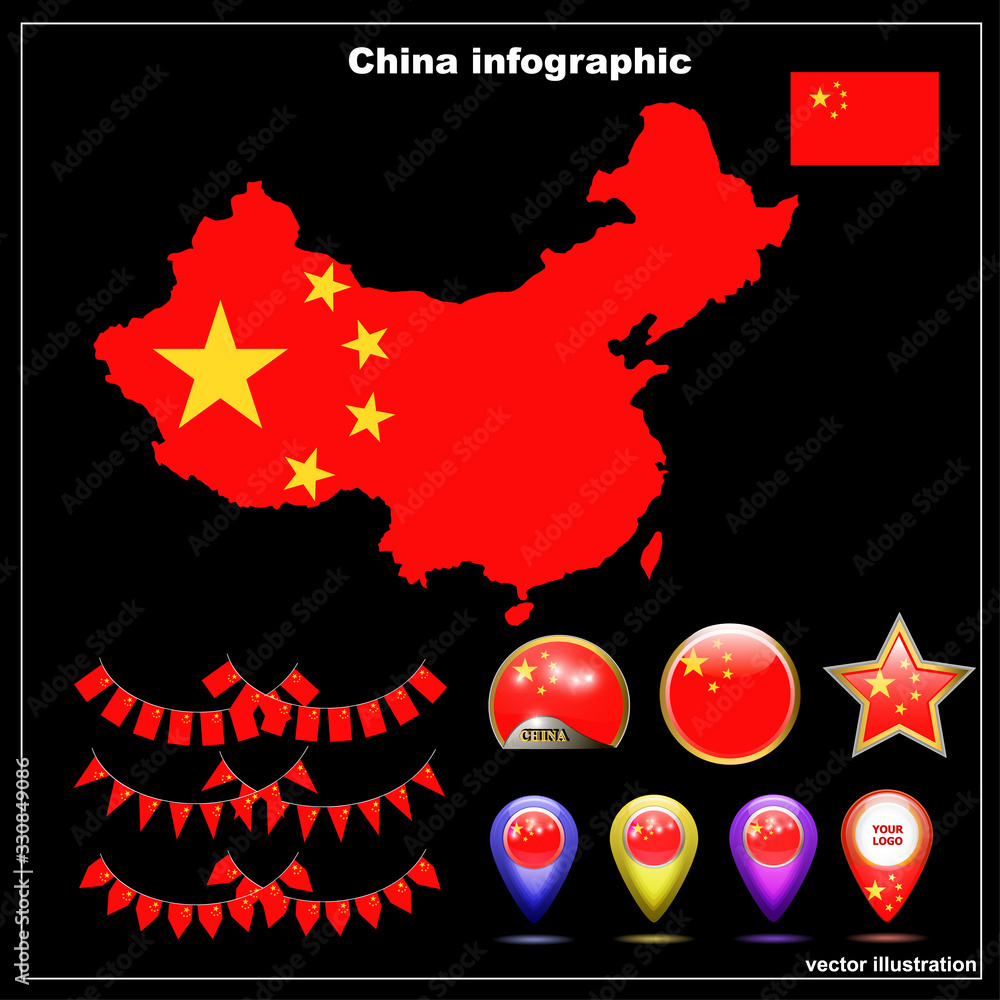 Bright Map of China. map of China graphic illustration on black ...