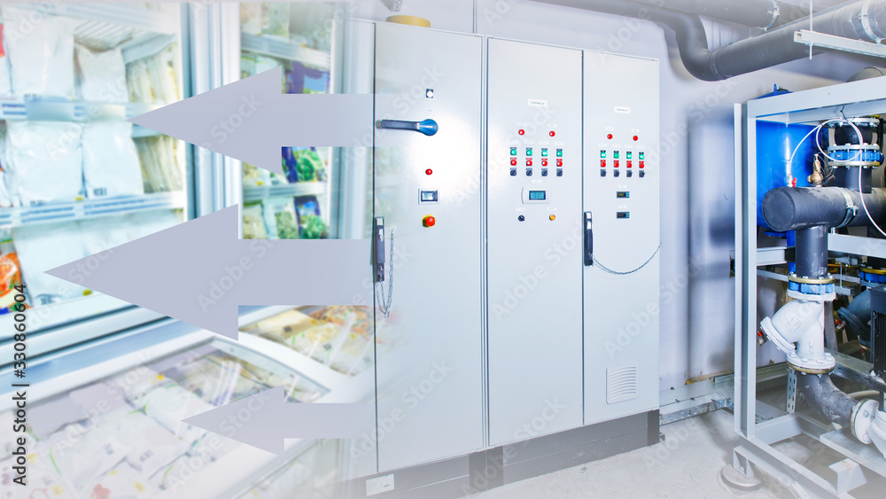 Control panel for refrigeration equipment. Showcases with chilled food ...