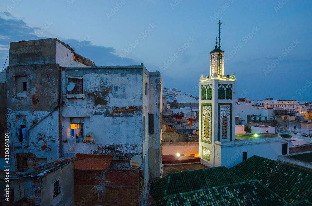 Beautiful evening panorama of old medina in city Tangier, Morocco Stock ...