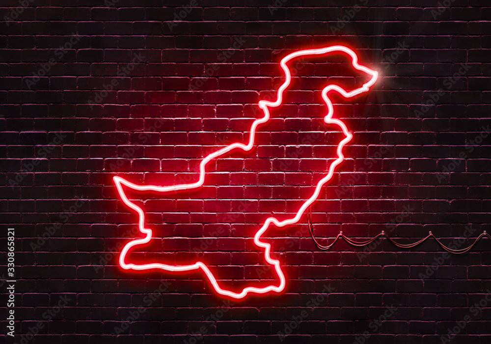 Neon sign on a brick wall in the shape of Pakistan.(illustration series ...