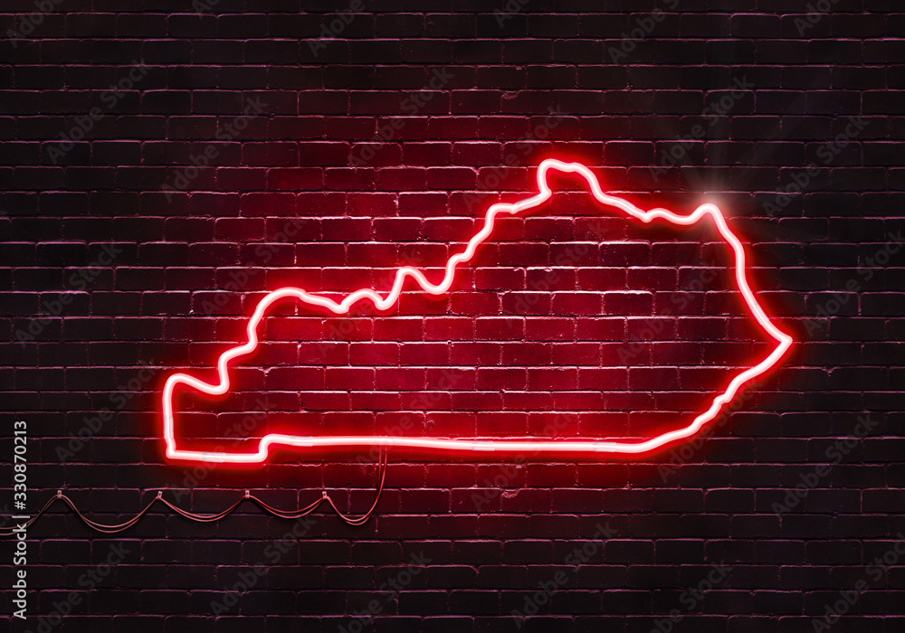 Neon sign on a brick wall in the shape of Kentucky.(illustration series ...