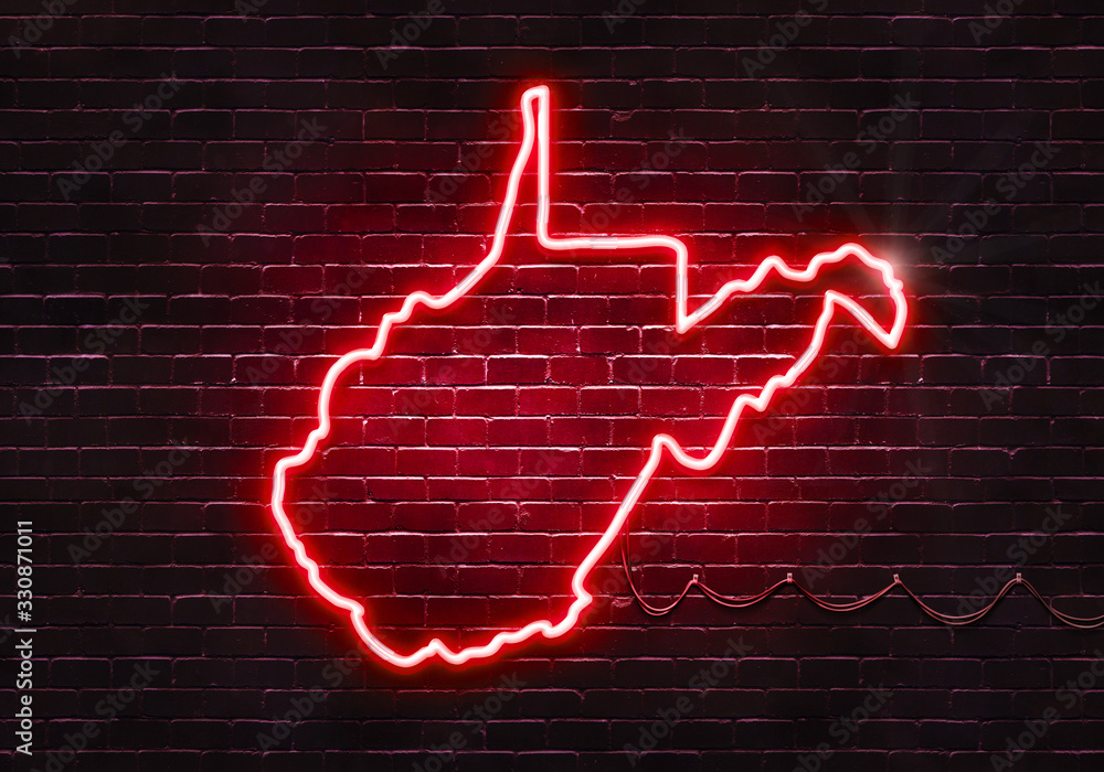 Neon sign on a brick wall in the shape of West Virginia.(illustration ...