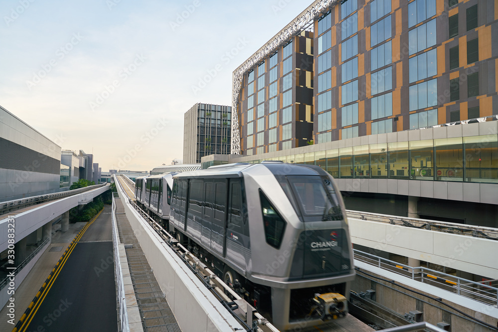 SINGAPORE - CIRCA APRIL, 2019: Skytrain at Singapore Airport. The ...