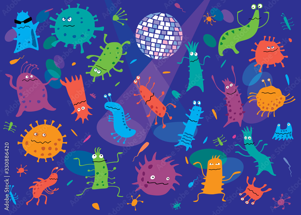 Various viruses and bacteria dance in a disco. Comic characters. Vector ...