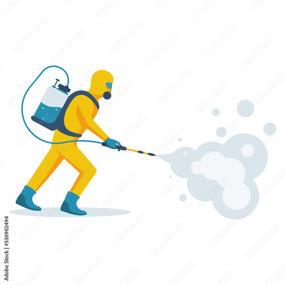 Disinfection concept. Man in yellow protective hazmat suit. Prevention ...