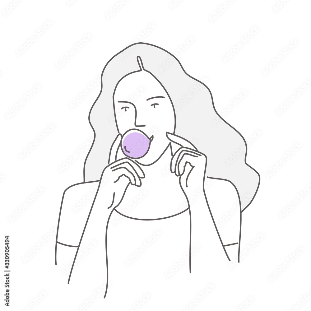 Line drawing of girl with balloon from chewing gum. Vector. Stock ...