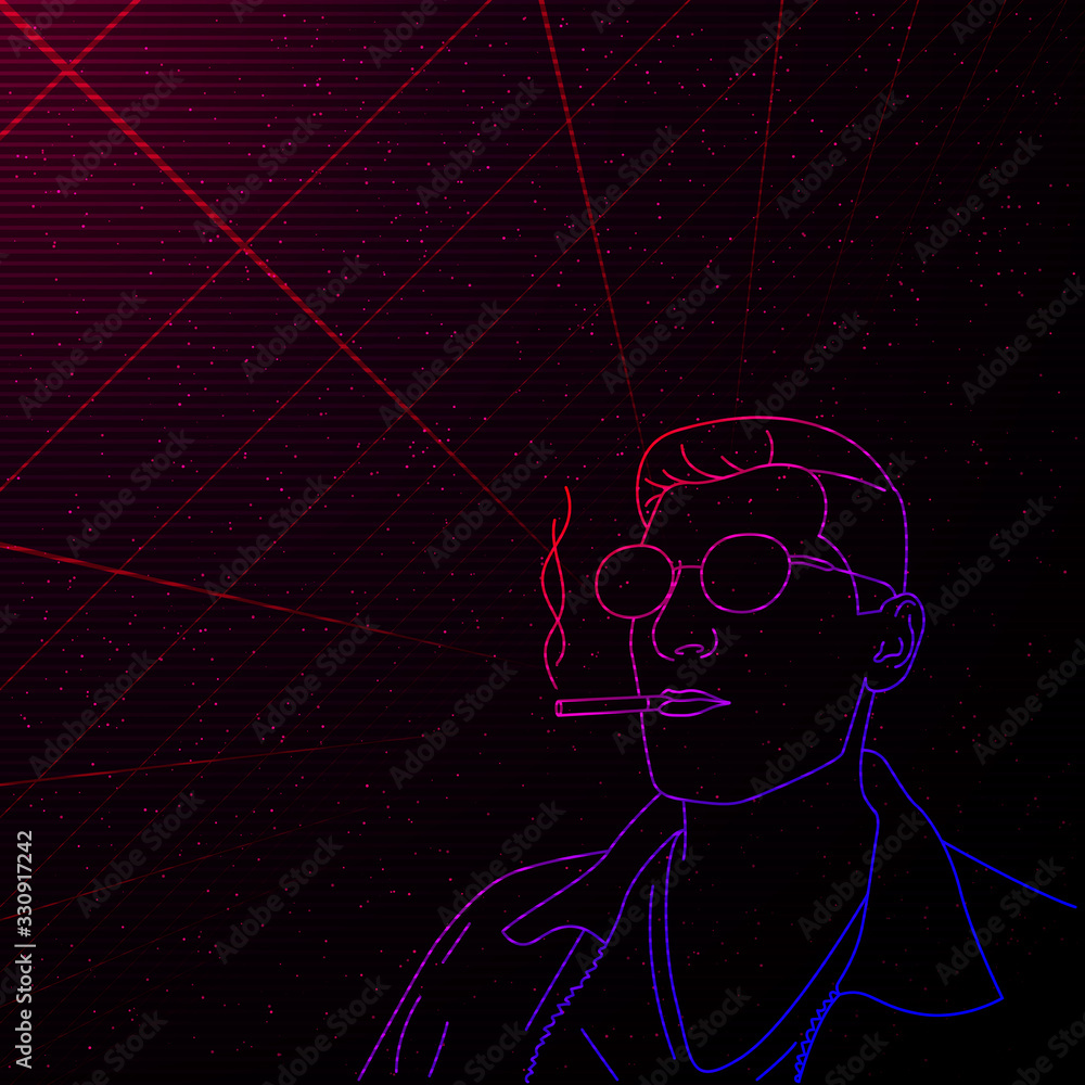 Synthwave Vaporwave Retrowave full face contour vector portrait of a ...