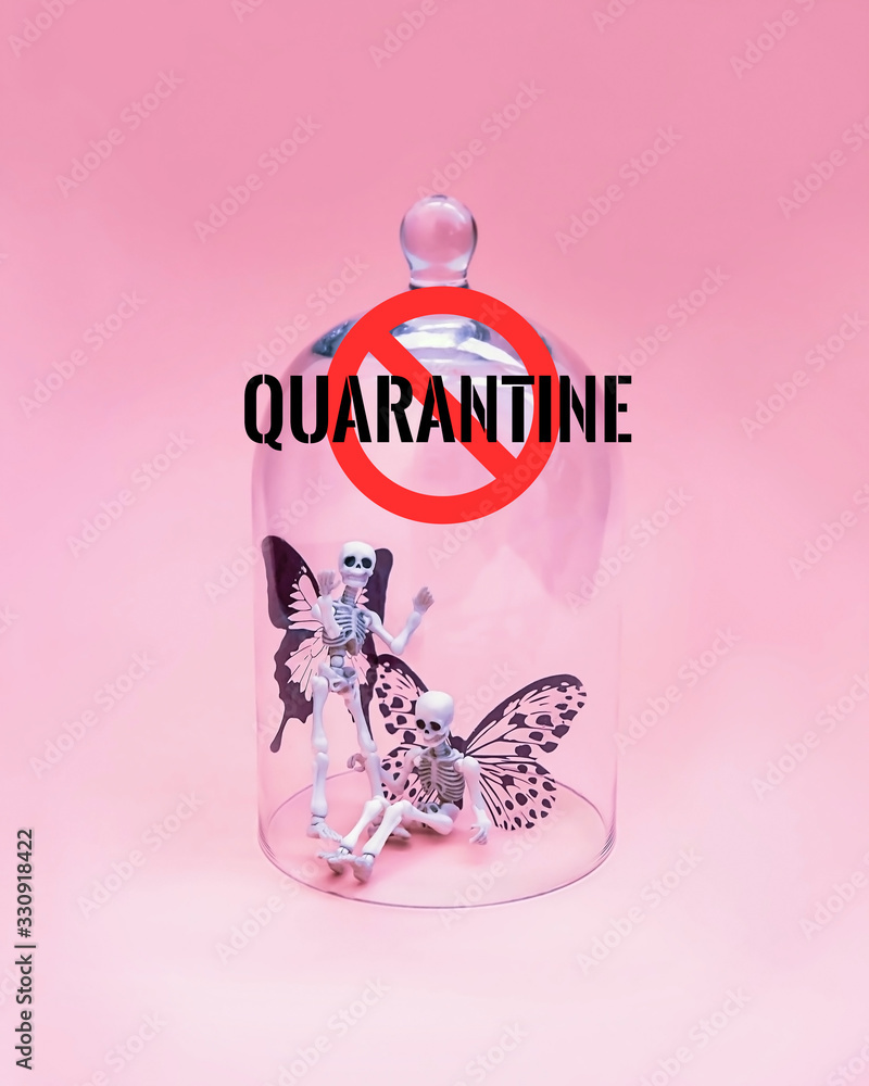 quarantine minimal creative Concept. skeletons under glass dome on pink ...