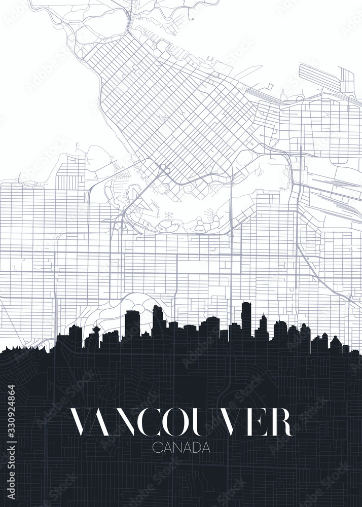 Skyline and city map of Vancouver, detailed urban plan vector print ...