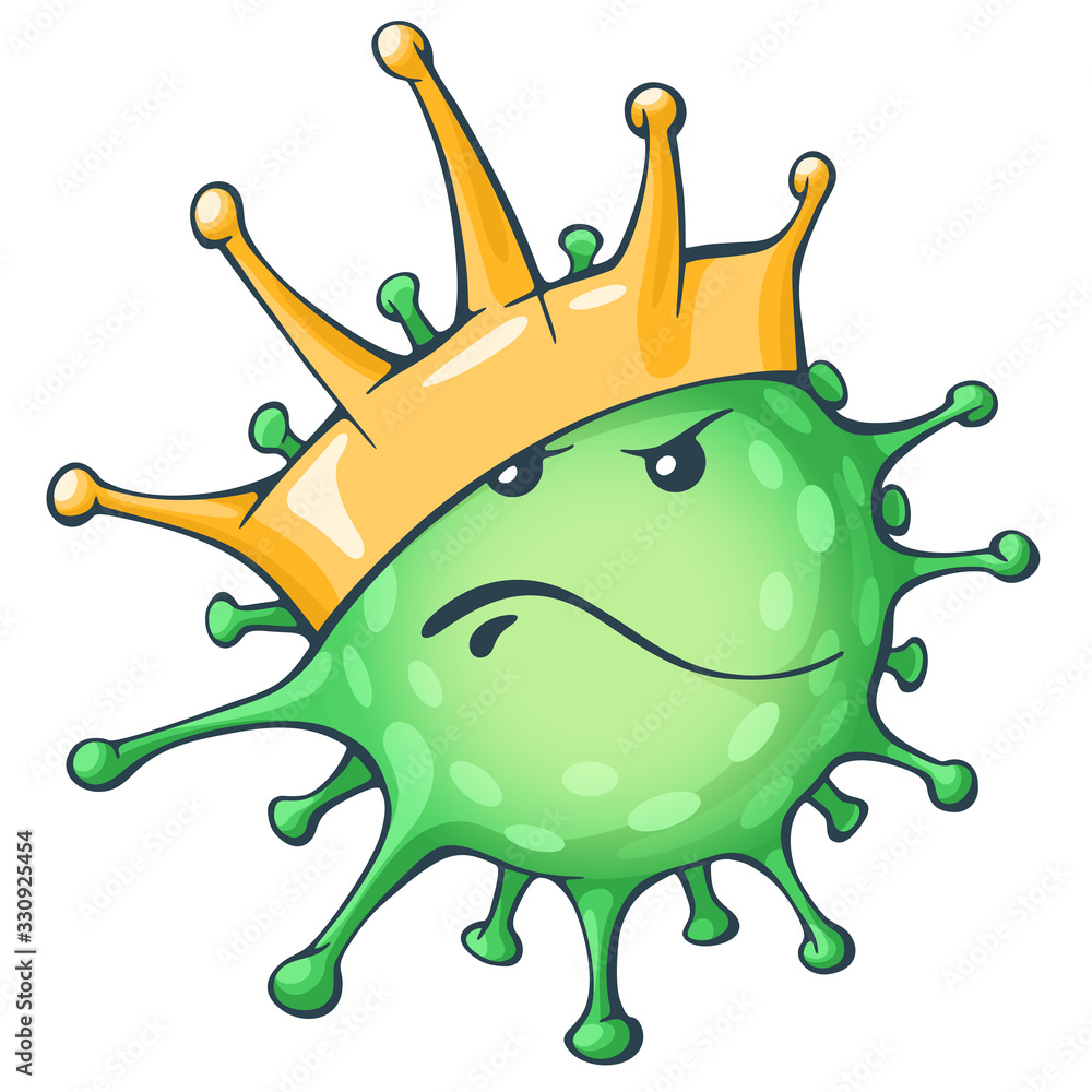 Cartoon coronavirus character. Angry virus with golden crown. Hand ...