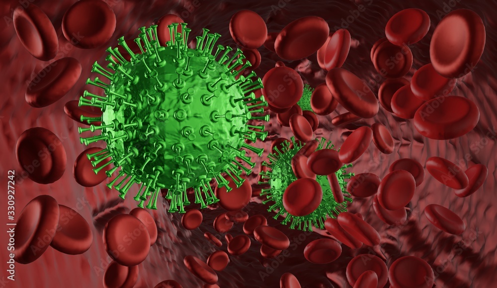 Viruses in blood. Green virus float between red blood cell. Digital ...