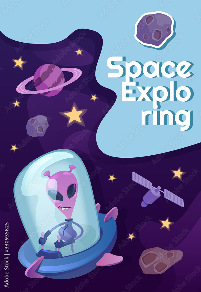 Space exploring poster flat vector template. Alien in spaceship ...