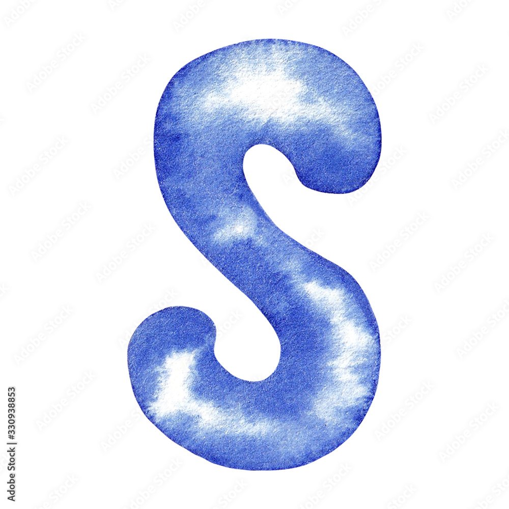 Hand written isolated blue letter S, watercolor illustration, lettering ...