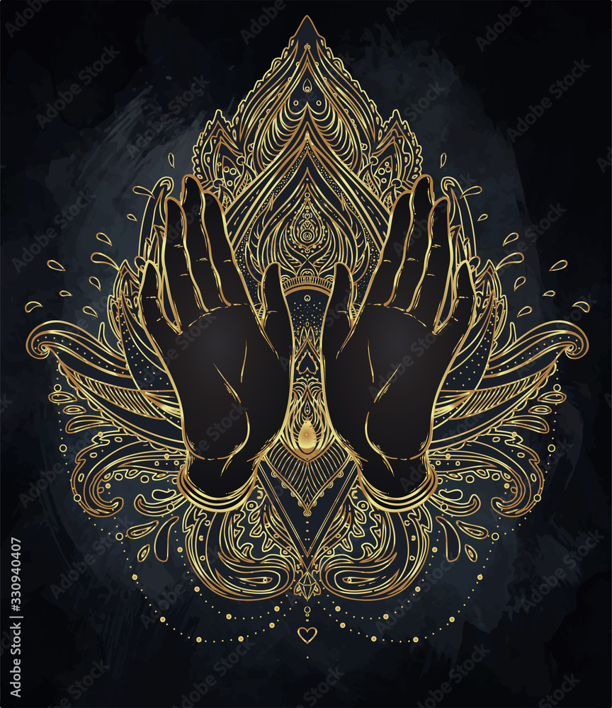 Vector ornamental Lotus flower and praying hands, patterned Indian ...