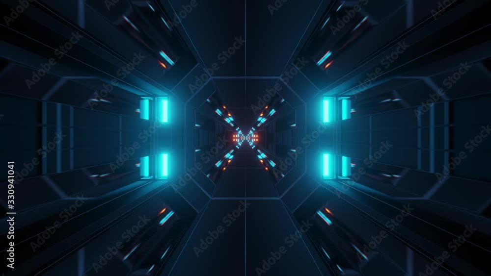 Animation of highly immersive dark space with blue and orange light ...