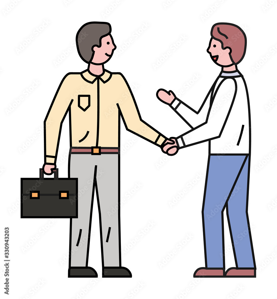 Worker shaking hands produce deal isolated on white. Men cartoon ...