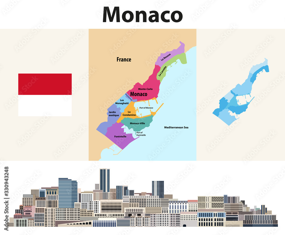 Monaco wards map with neighbouring territories. Cityscape of Monte ...