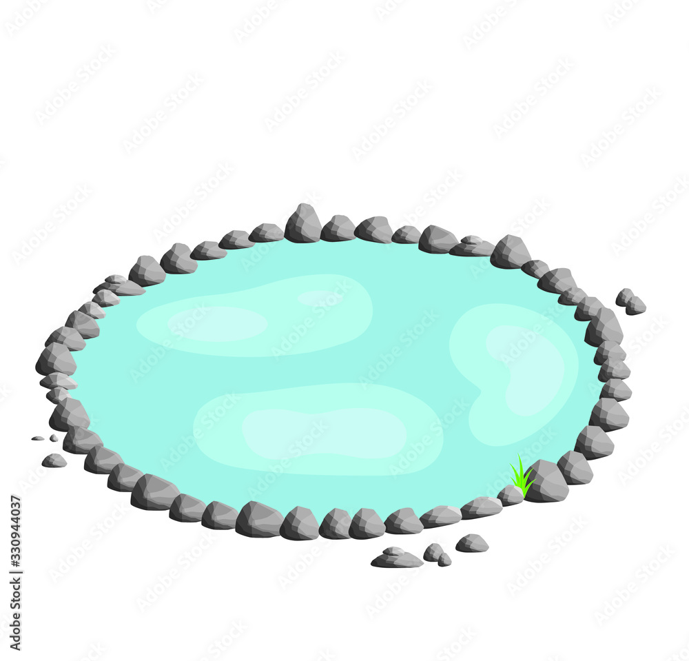 Pond and lake. Stone ring around the circle. Element of nature and ...