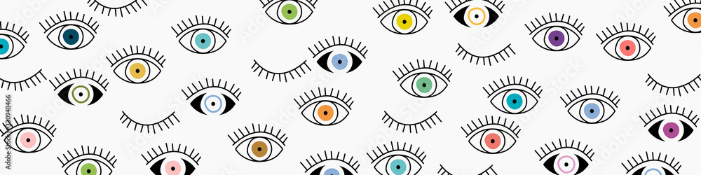 Eye seamless pattern. Vector hand drawn. Open and close eyes with lash ...