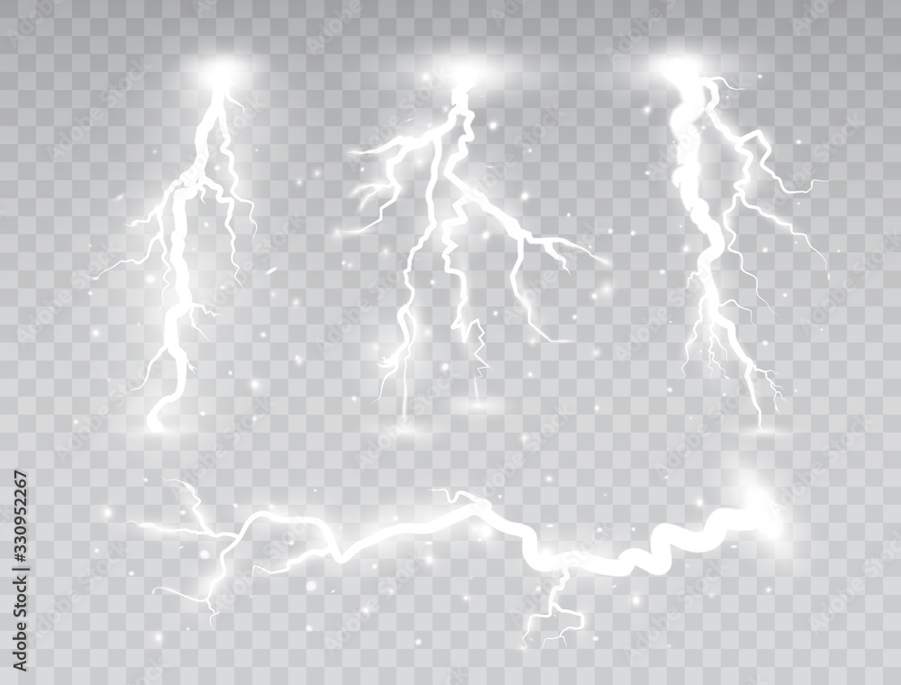 White lightnings set isolated on transparent background. Thunder storm ...