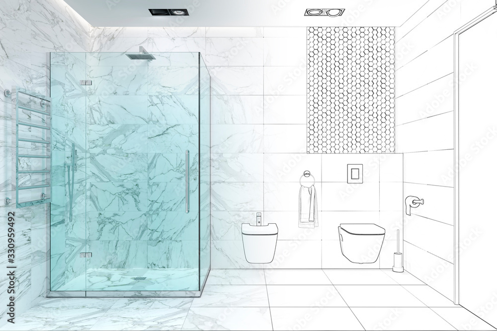 The sketch becomes a real bright clean modern white marble toilet with ...
