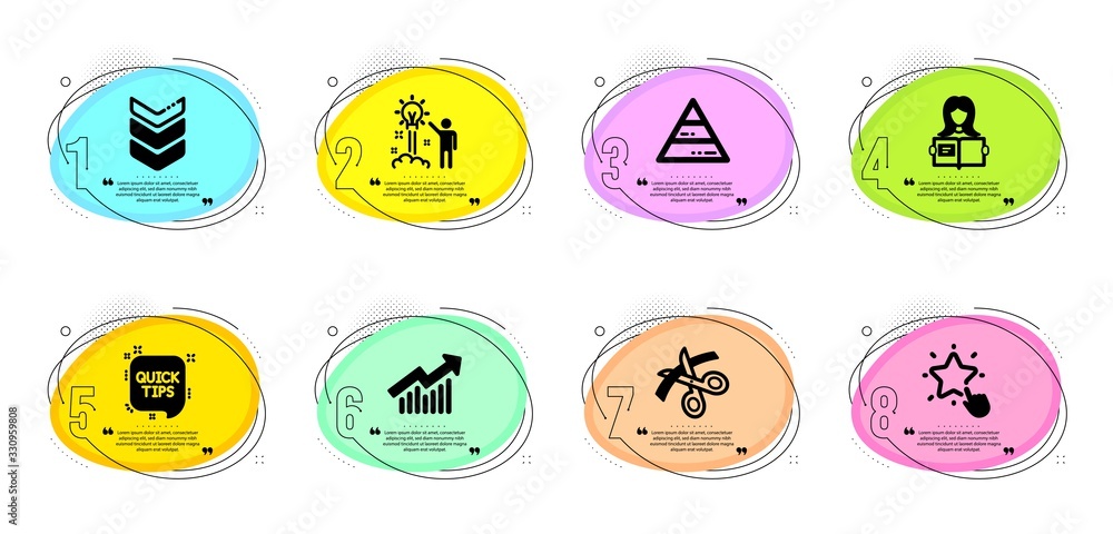 Quick tips, Ranking star and Creative idea signs. Timeline infographic ...